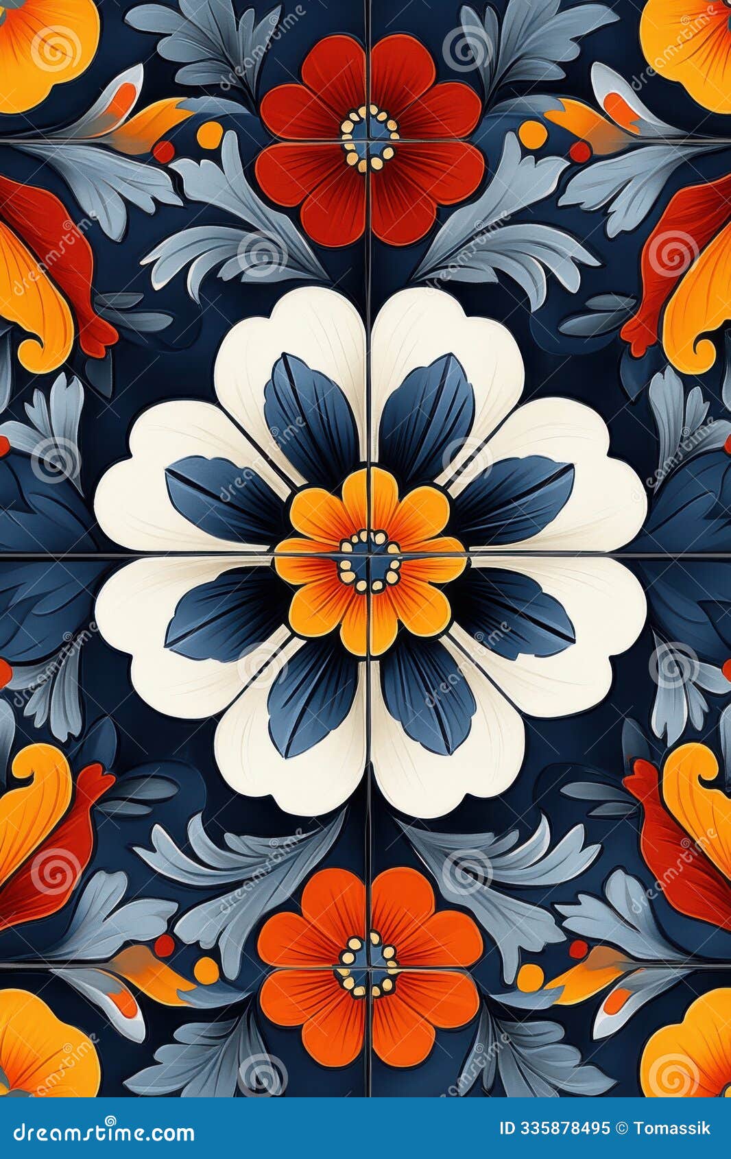 Colorful Floral Tile Pattern with Bold Red, Orange, and Blue Flowers ...