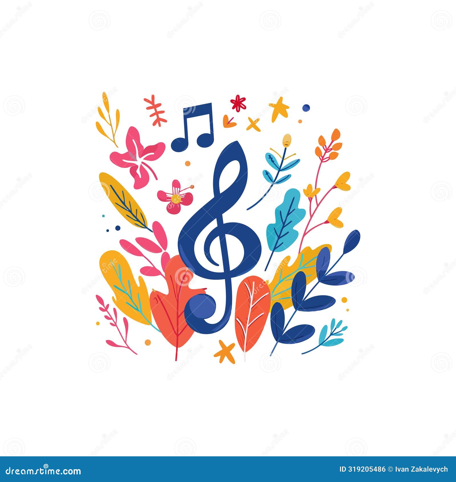 Colorful Floral Treble Clef with Notes. Vector Illustration Design ...