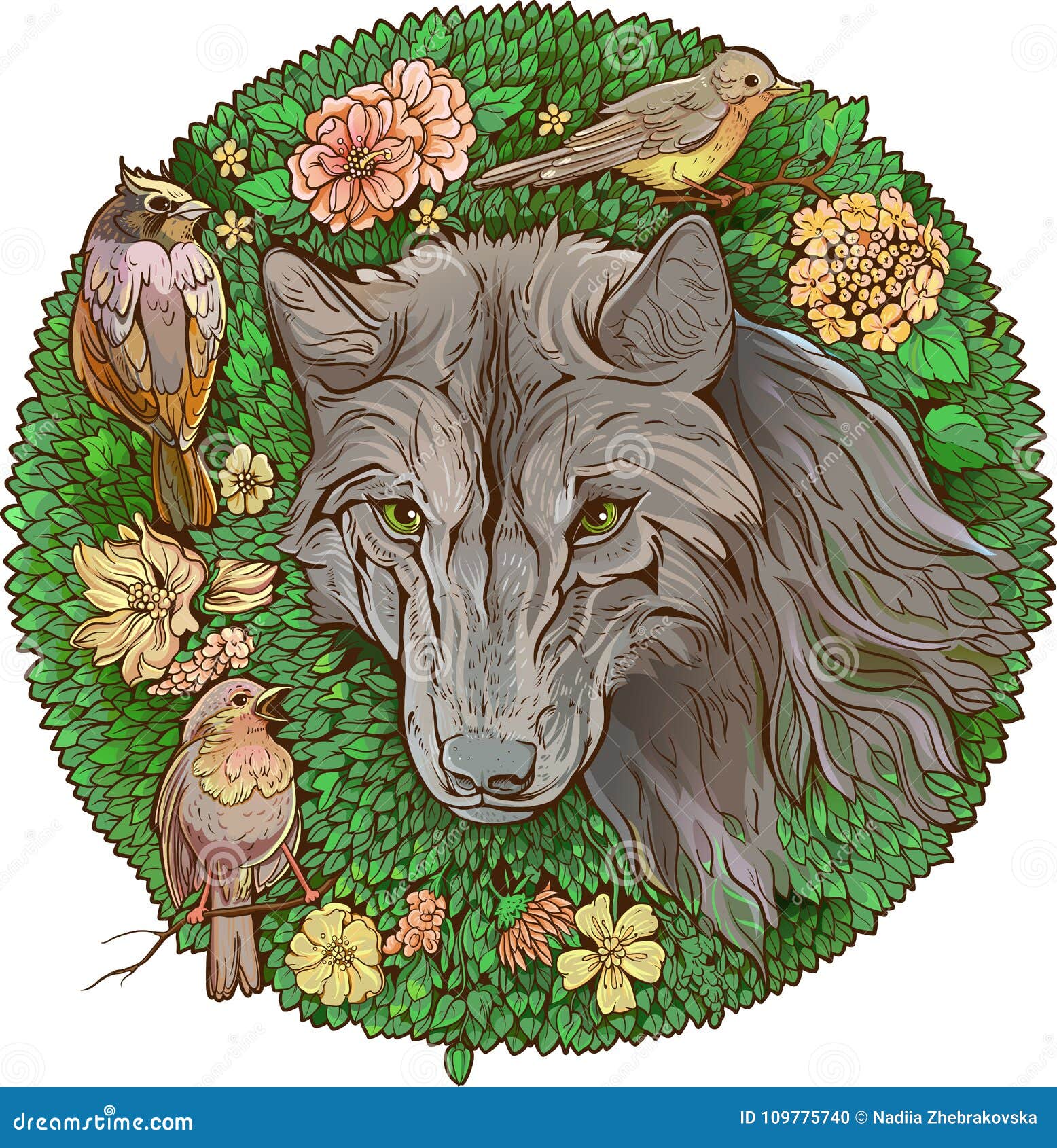 Wolf And Birds In The Moonlight, Background,illustration ...