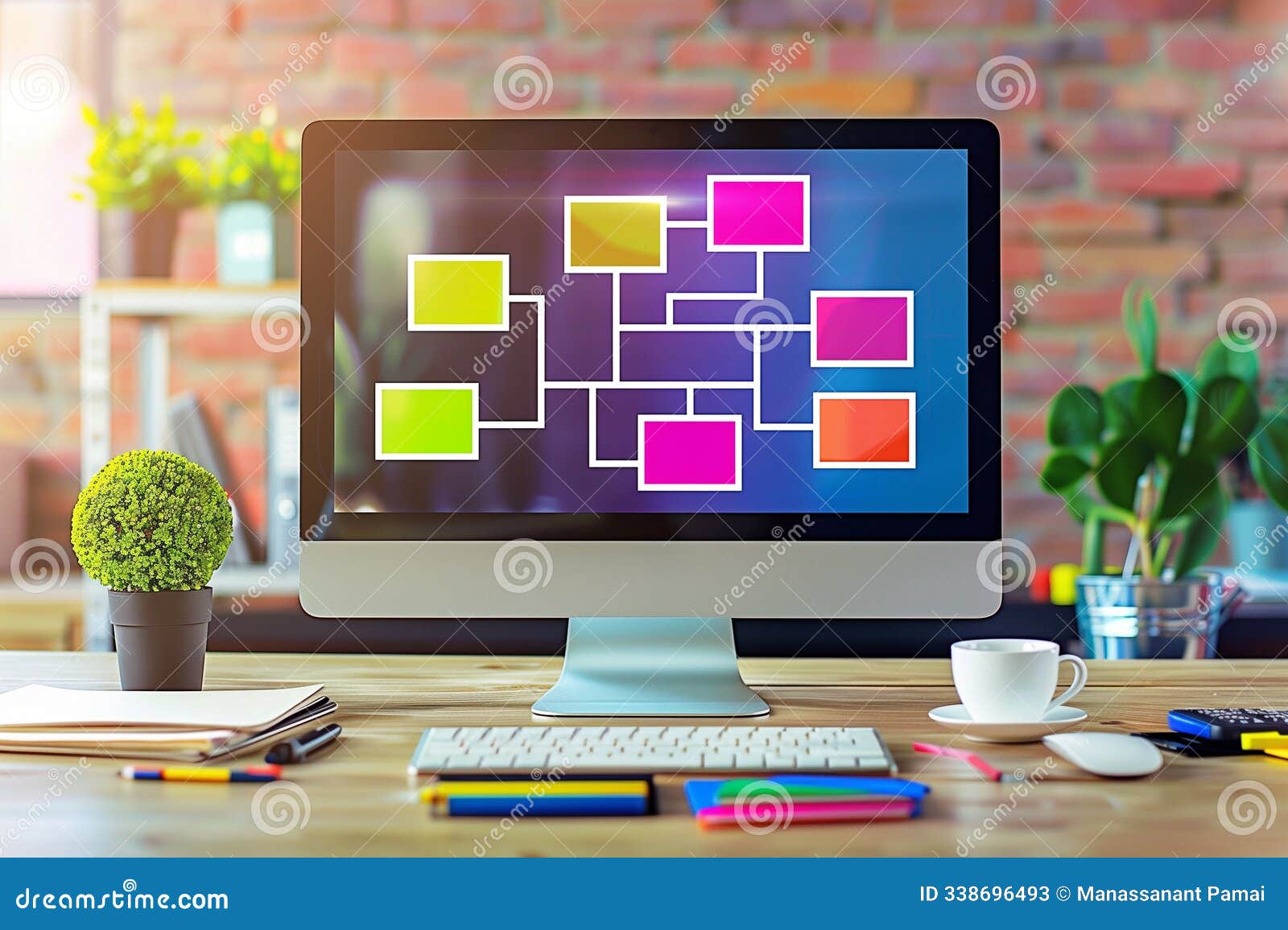 Colorful Flow Chart on Computer Screen, Business Workflow Hierarchy ...