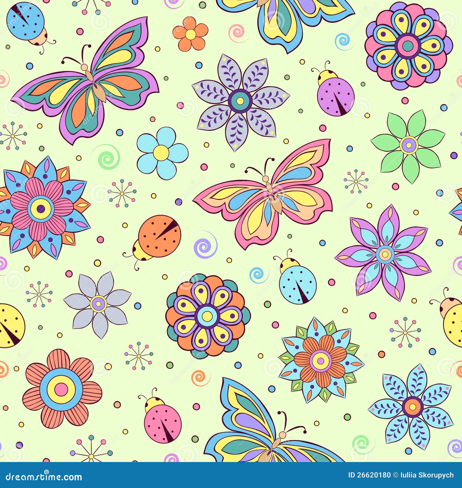 Colorful Flowers, Butterflies and Ladybugs Stock Illustration ...