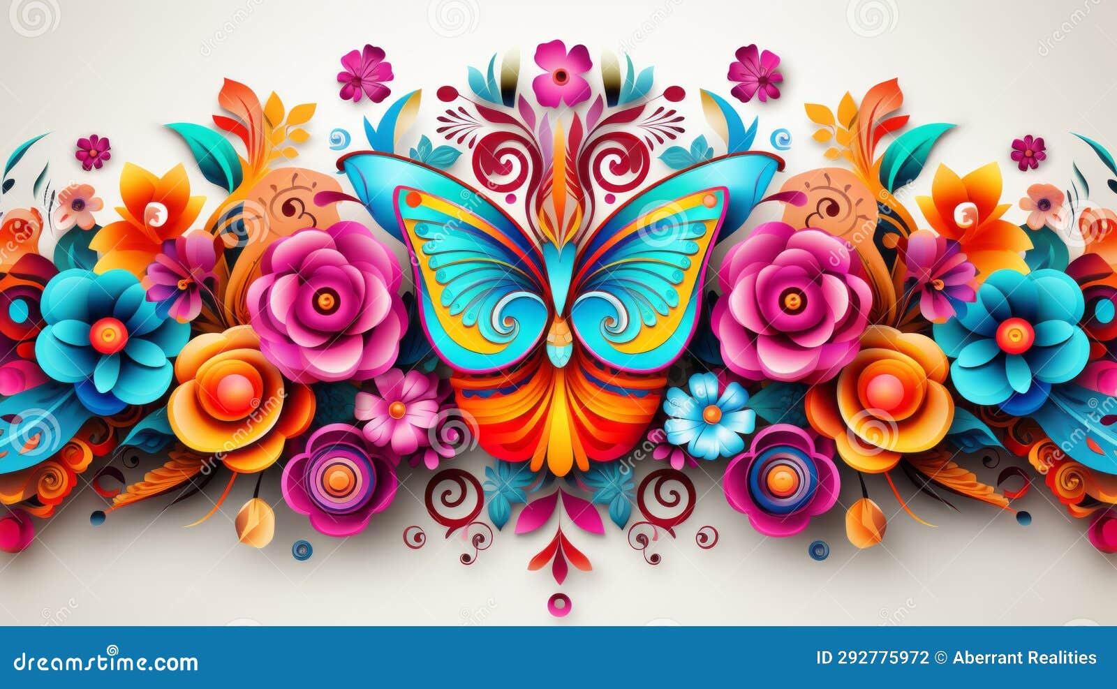 Colorful Flowers and Butterflies on a White Background Stock ...