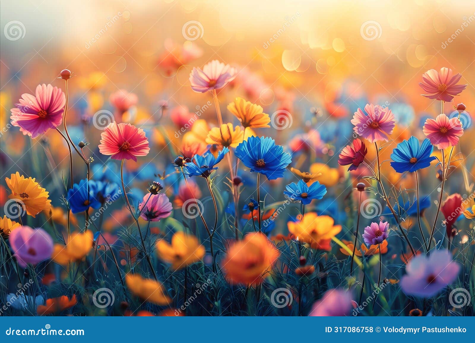Colorful Flowers in a Field with Sun Rays Stock Photo - Image of ...