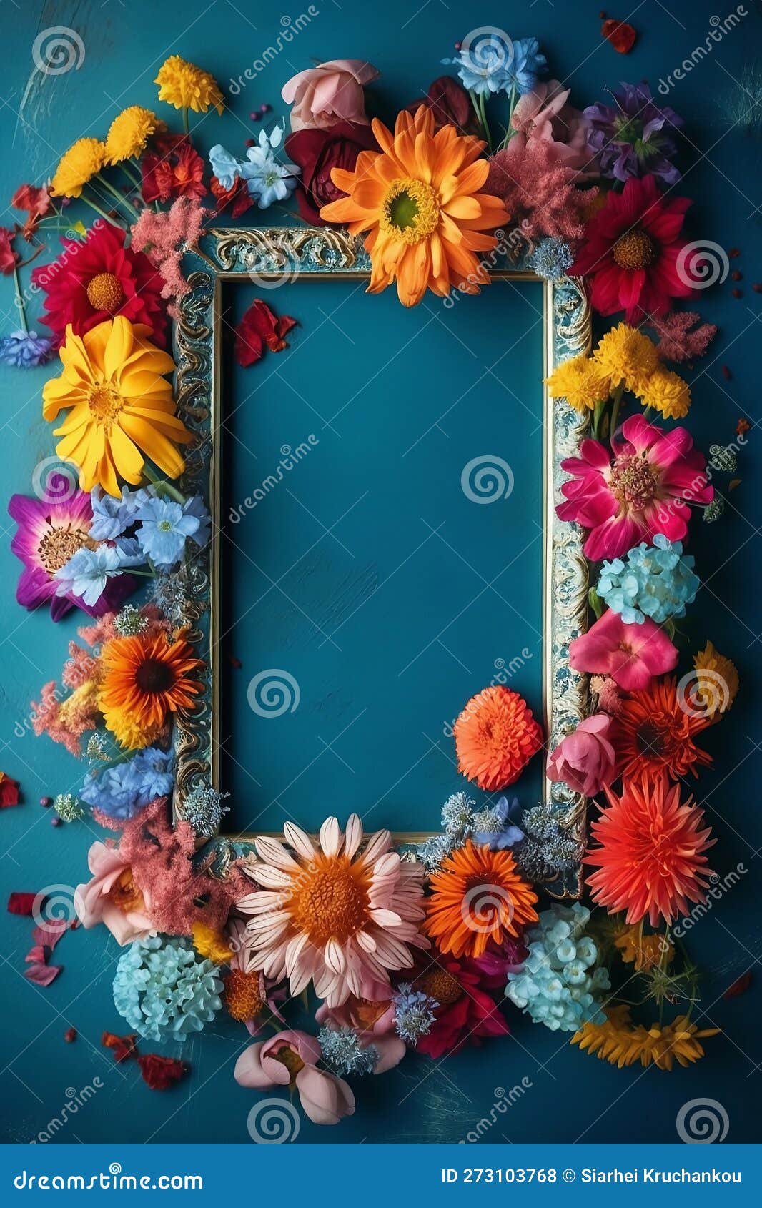 Colorful Flowers Frame on Blue Background Stock Illustration ...
