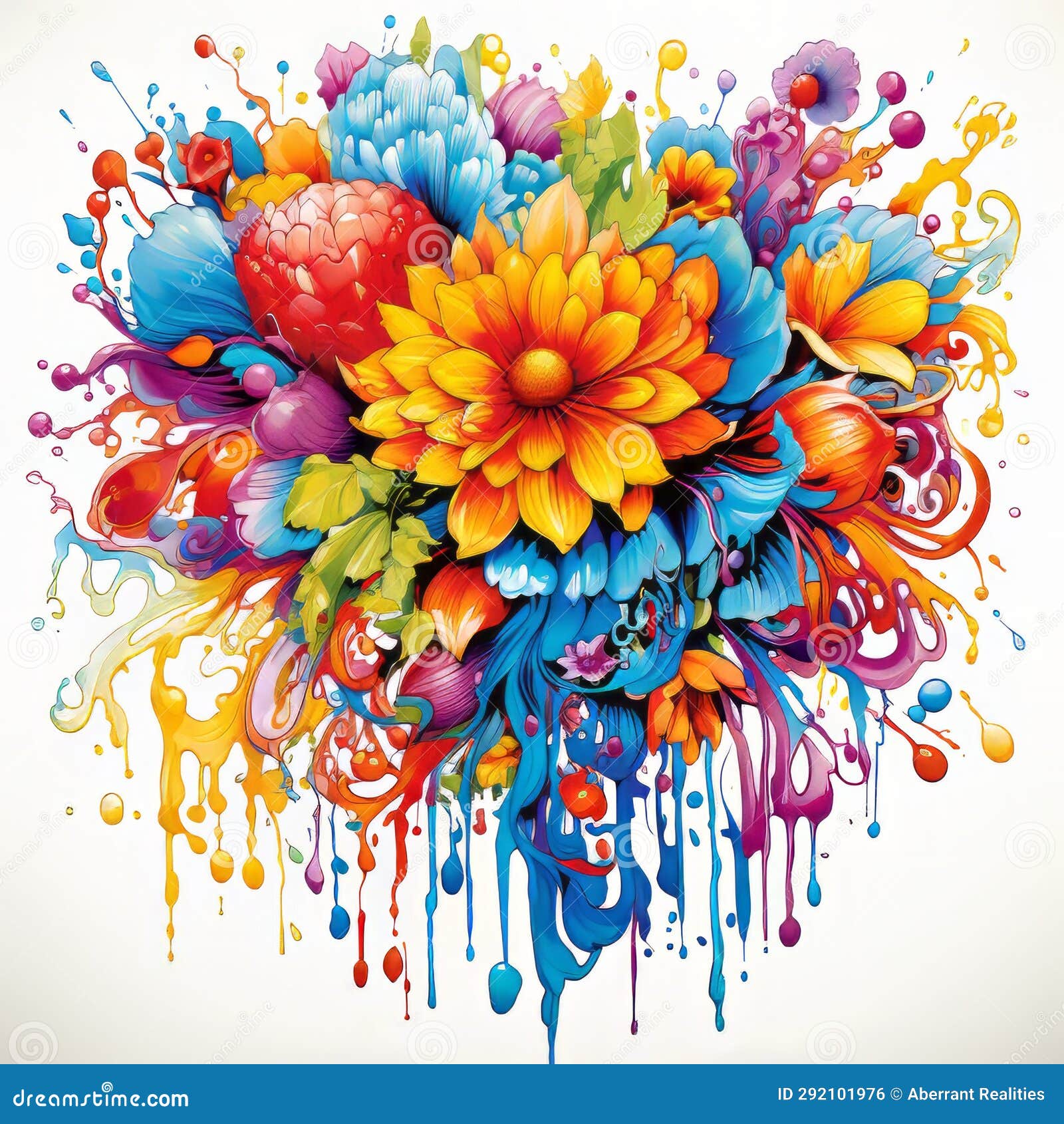 Colorful Flowers and Paint Splatters on a White Background Stock ...