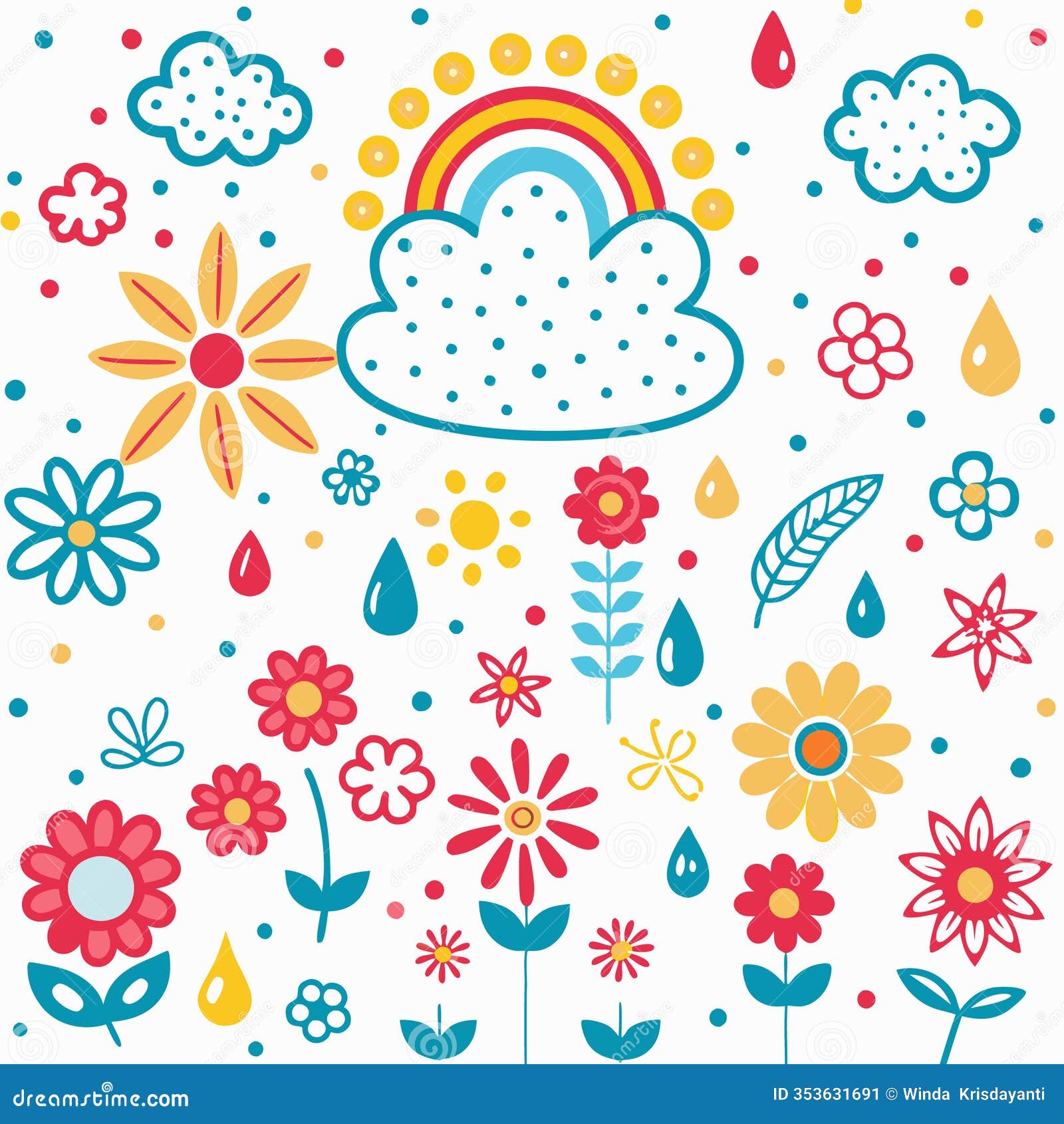 Colorful Flowers, Rainbow, and Rain Cloud Illustration Stock Vector ...