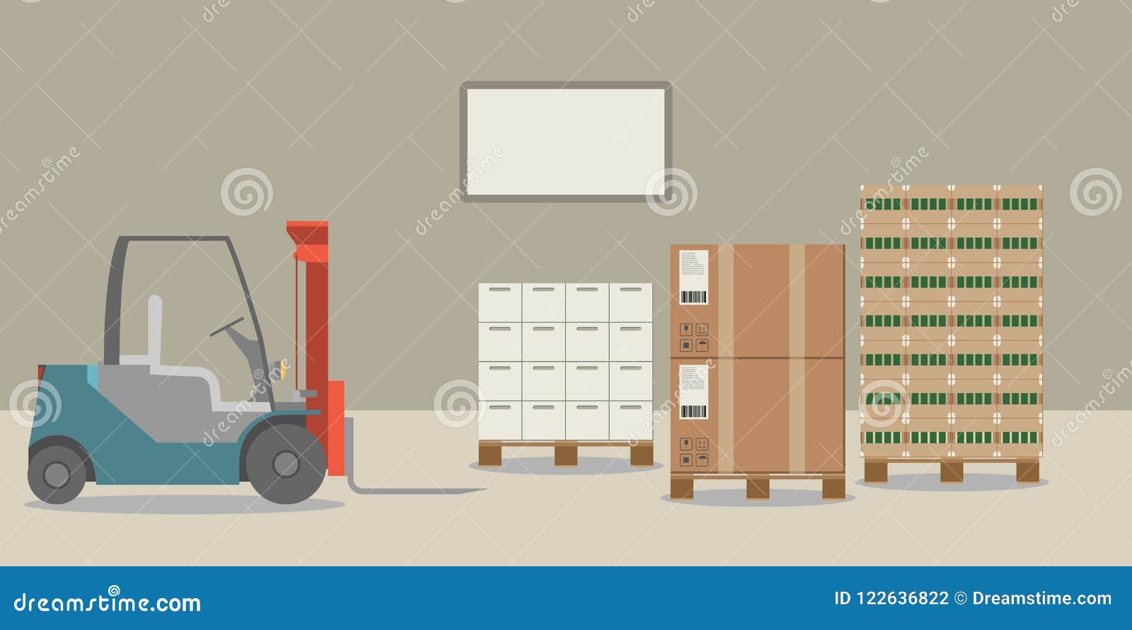 A Colorful Forklift in a Warehouse Loading Boxes. Stock Illustration ...