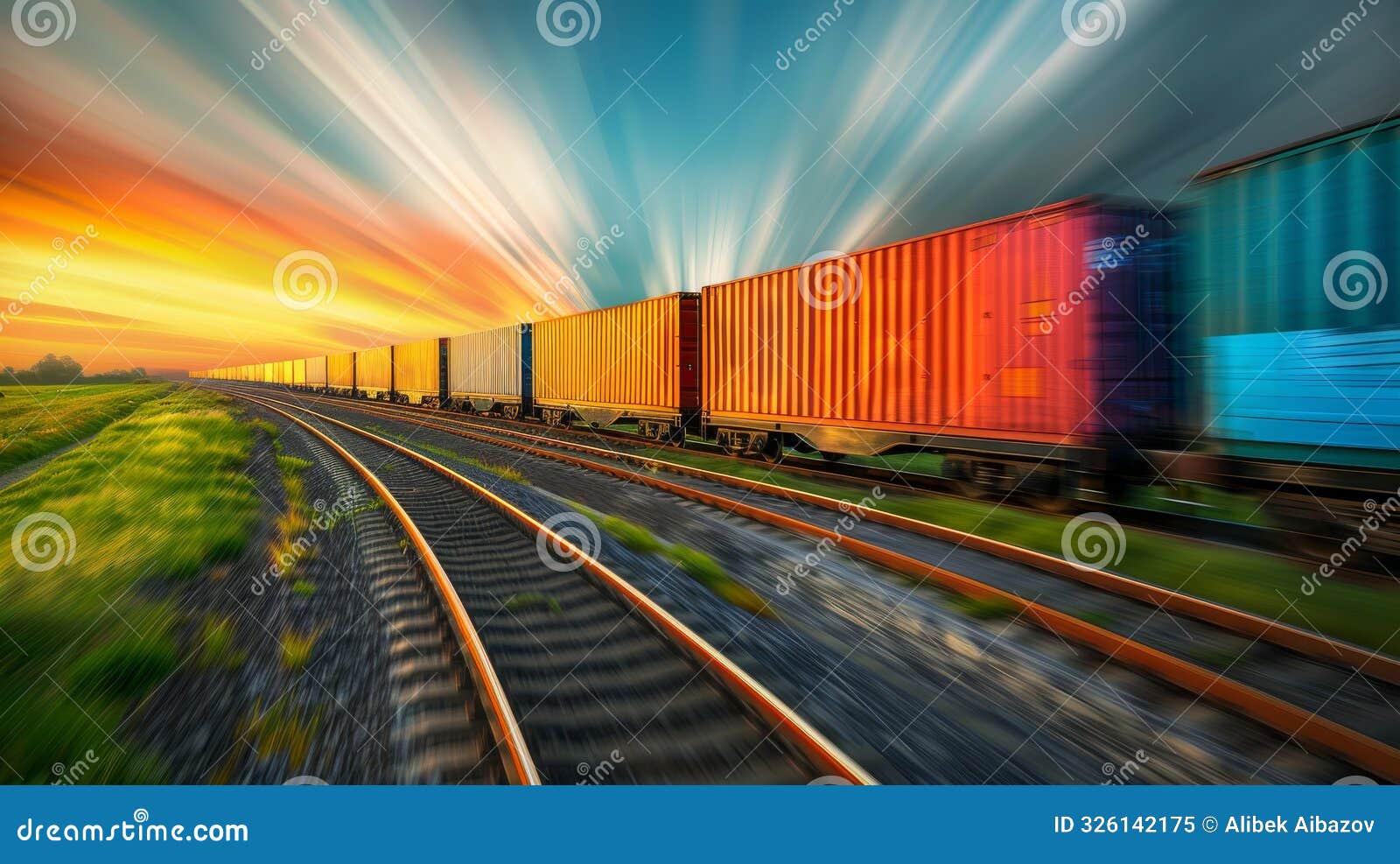 Colorful Freight Train in Motion at Sunset on Railroad Tracks with ...
