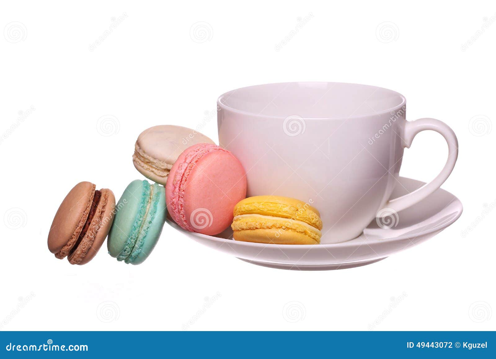 Colorful French Macarons with Cup of Tea Isolated Stock Photo - Image ...