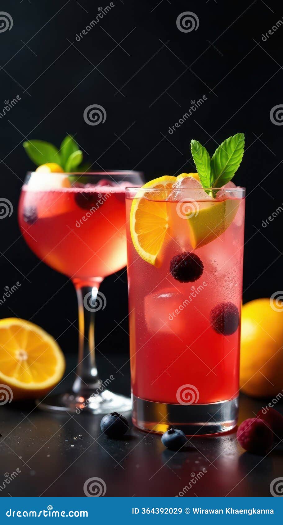 Colorful Gin And Tonic Cocktails In Wine Glasses Lined Up On A Bar ...