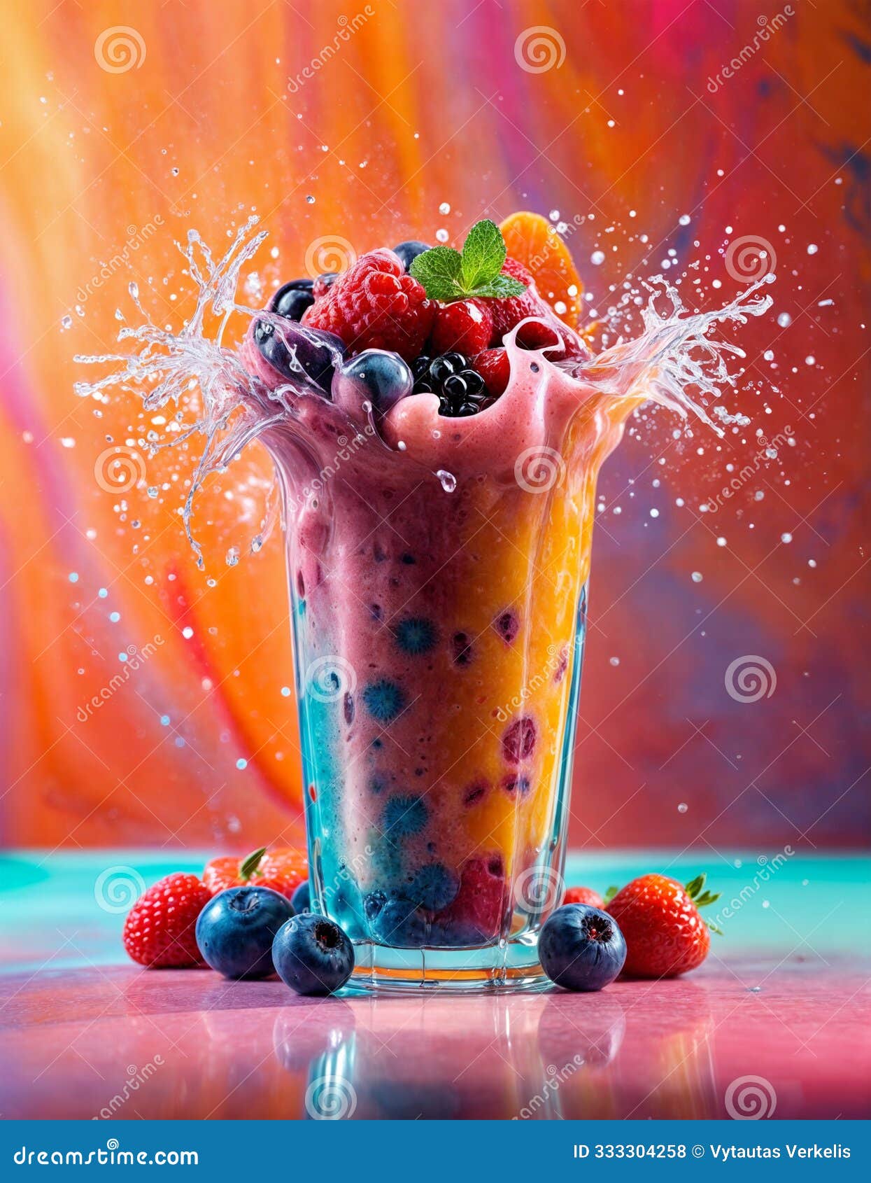 Colorful Fruit Smoothie Splash in Glass on Vibrant Background Stock ...