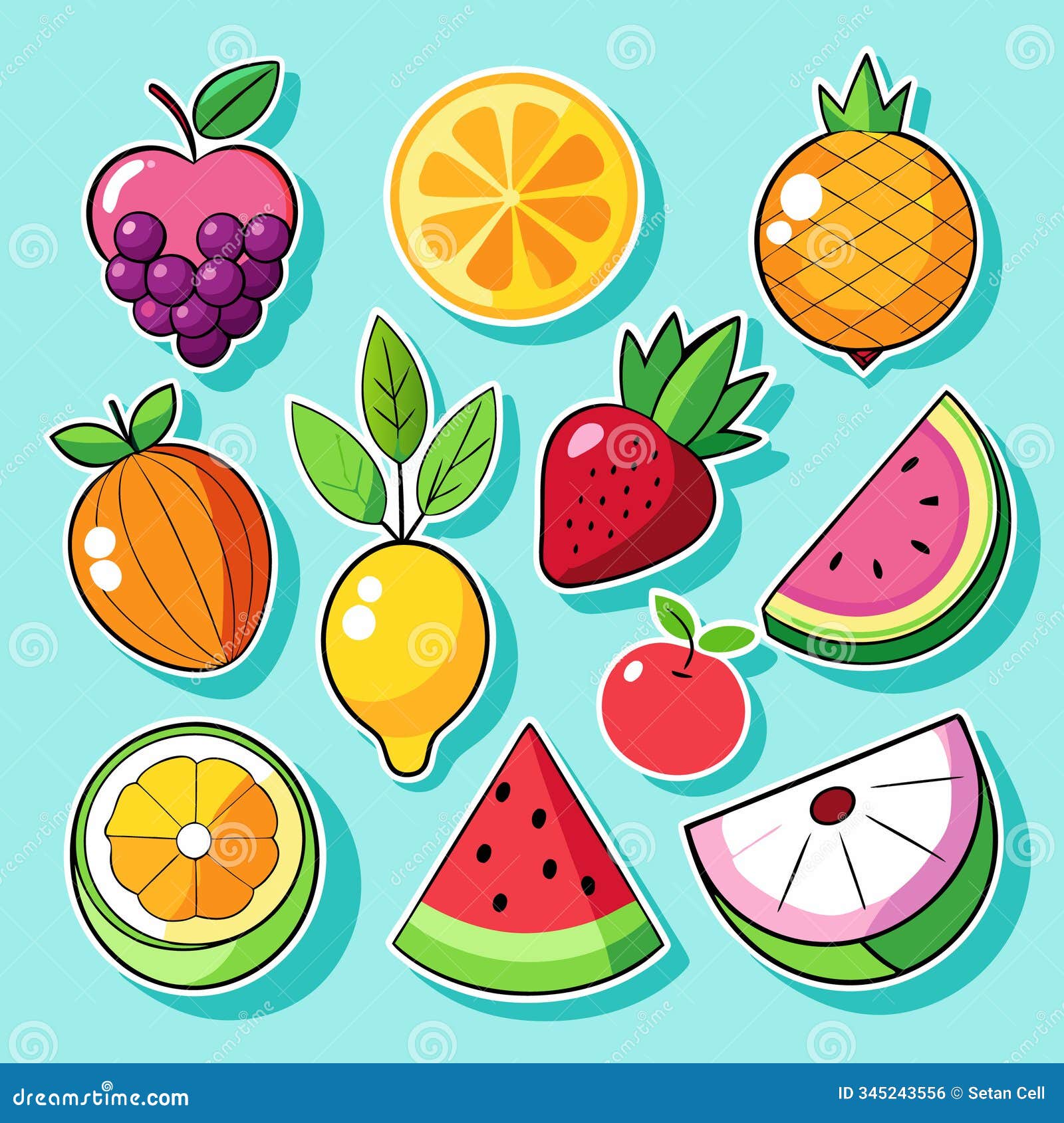 Colorful Fruit Stickers on Blue Background Stock Illustration ...