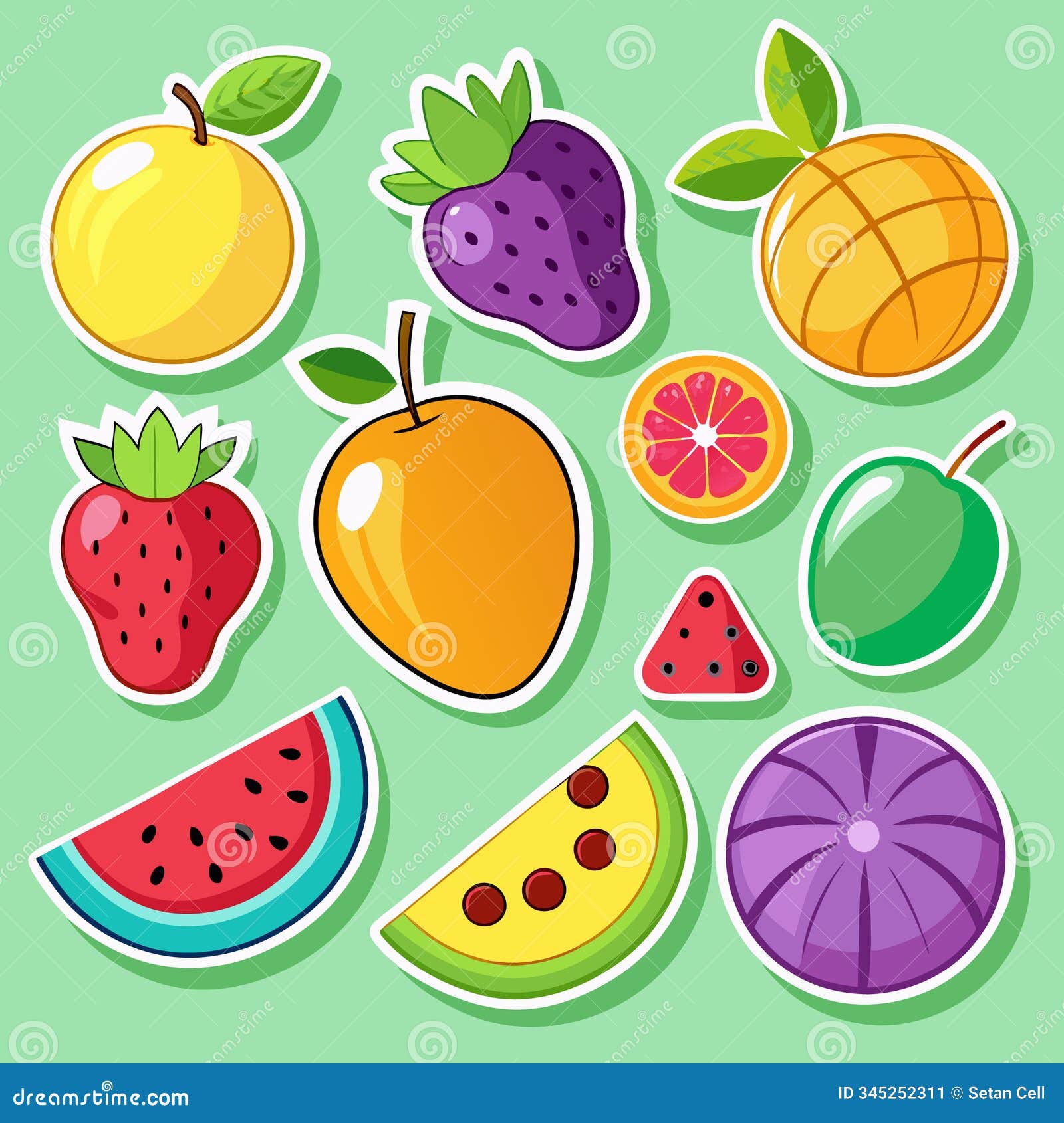 Colorful Fruit Stickers on a Green Background Stock Vector ...