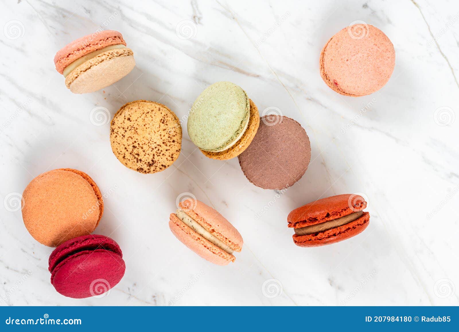 Colorful Fruity Macarons Flat Lay and Top View on Marble Table Stock ...