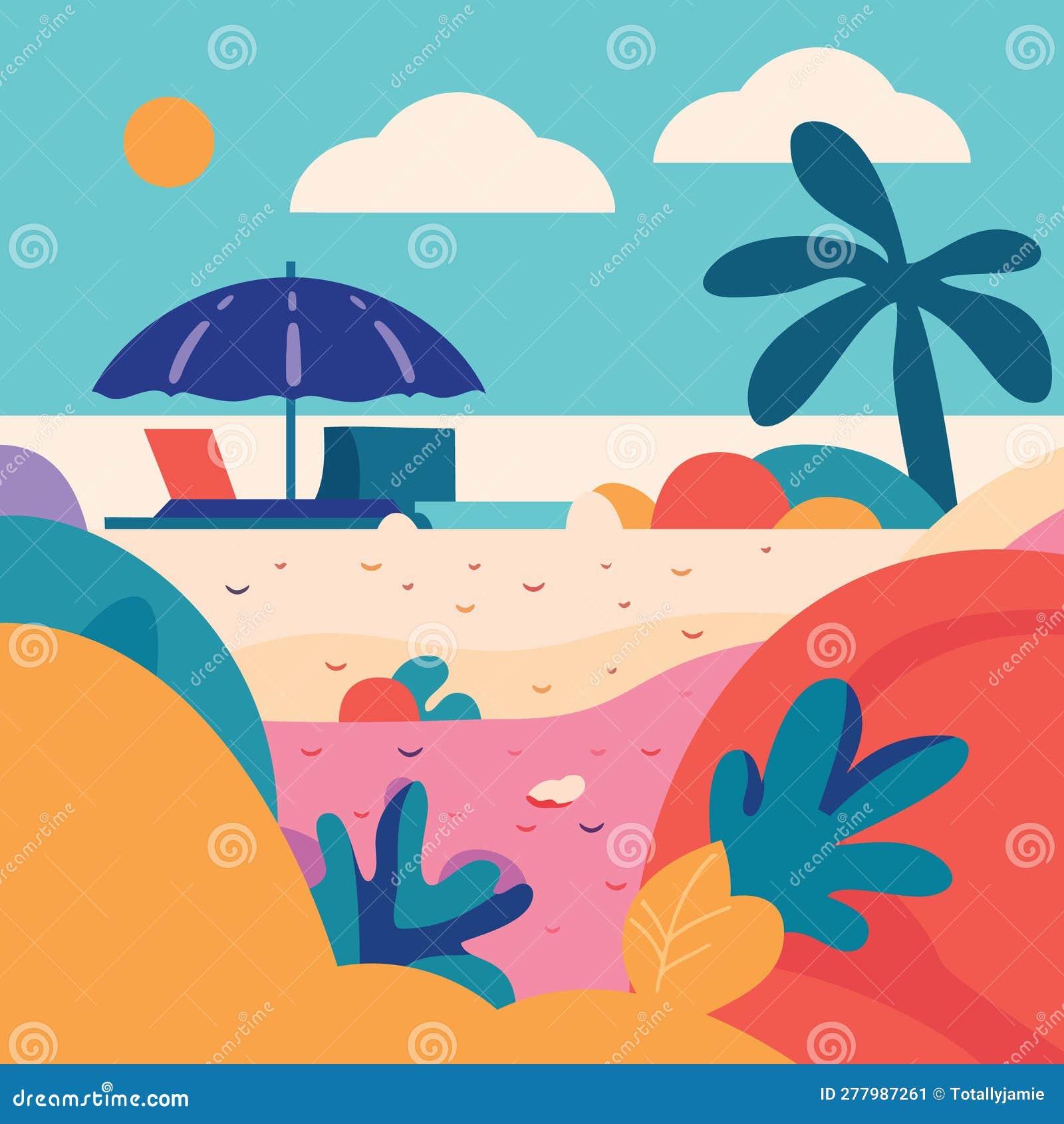 Colorful Fun Beach Scene stock vector. Illustration of cloud - 277987261