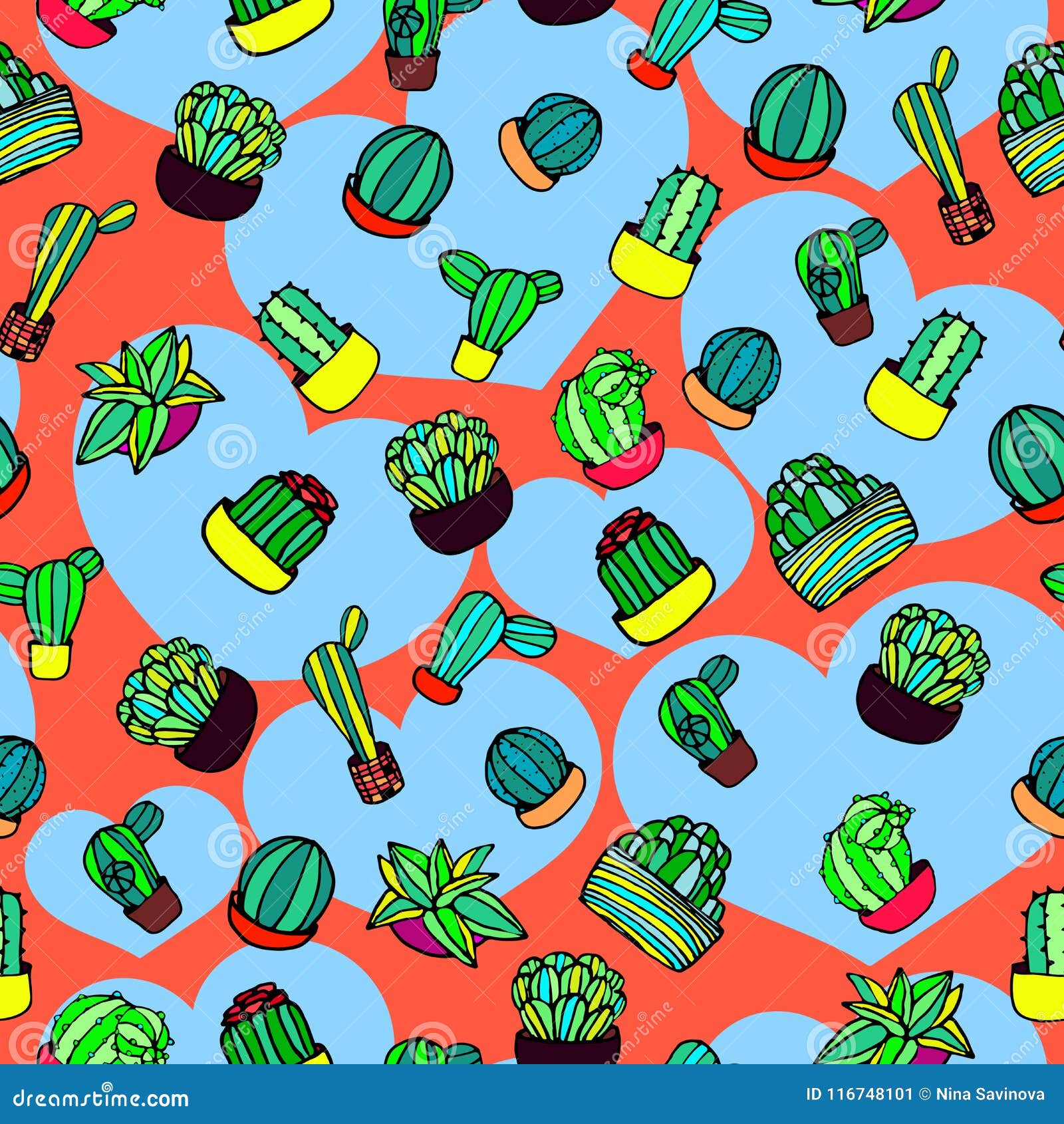 Colorful and Fun Hand Drawn Cactus Retro Style Seamless Pattern Vector ...