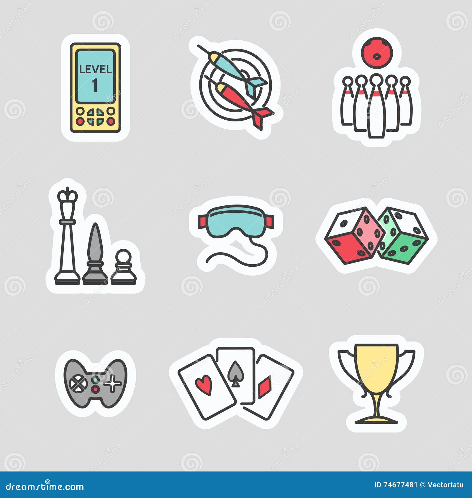 Colorful game stickers stock vector. Illustration of comic - 74677481