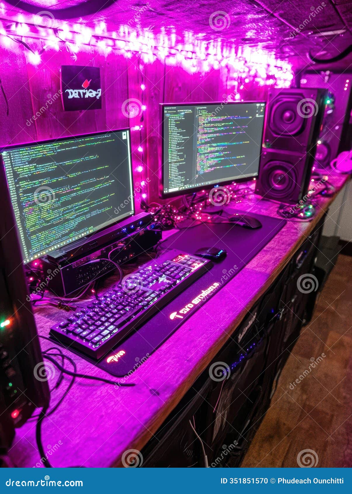 Colorful Gaming Setup with Dual Monitors and LED Lights Stock Photo ...