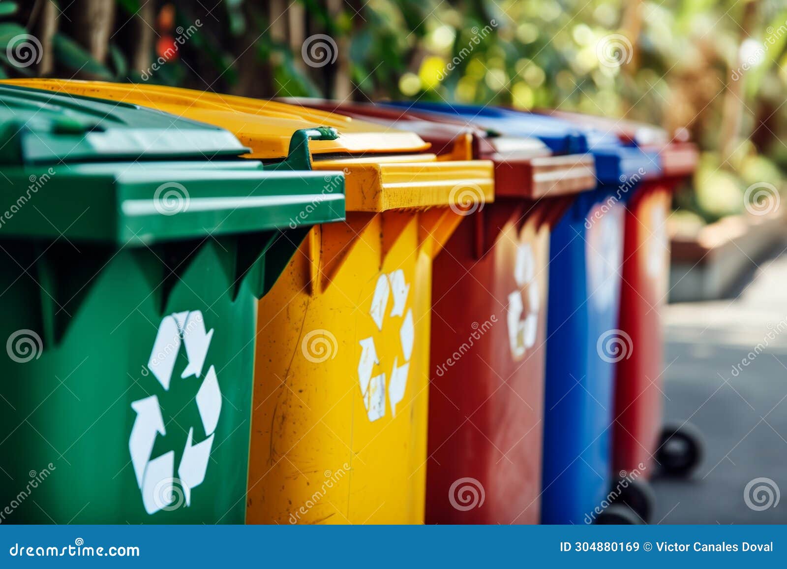 Colorful Garbage Cans with Recycle Symbols Outdoors Stock Illustration ...