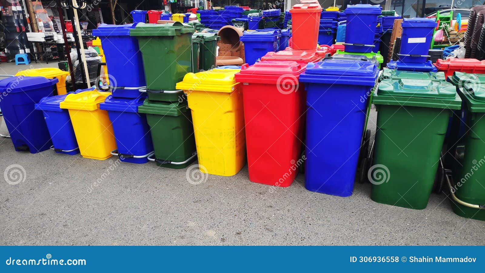 Colorful Garbage Cans are in the Yard for Sale. Stock Photo - Image of ...