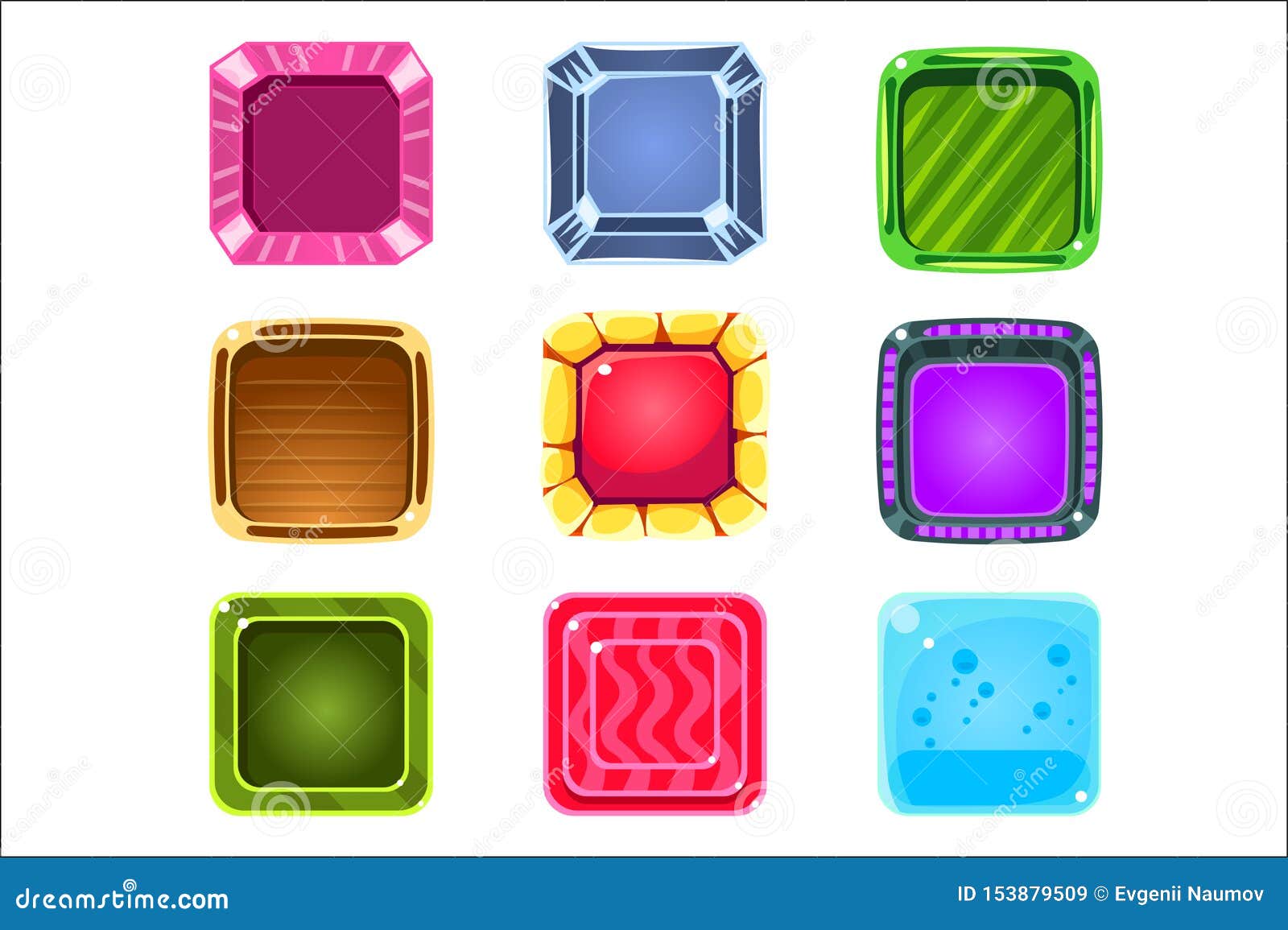 Colorful Gems Flash Game Element Templates Design Set with Square Candy ...