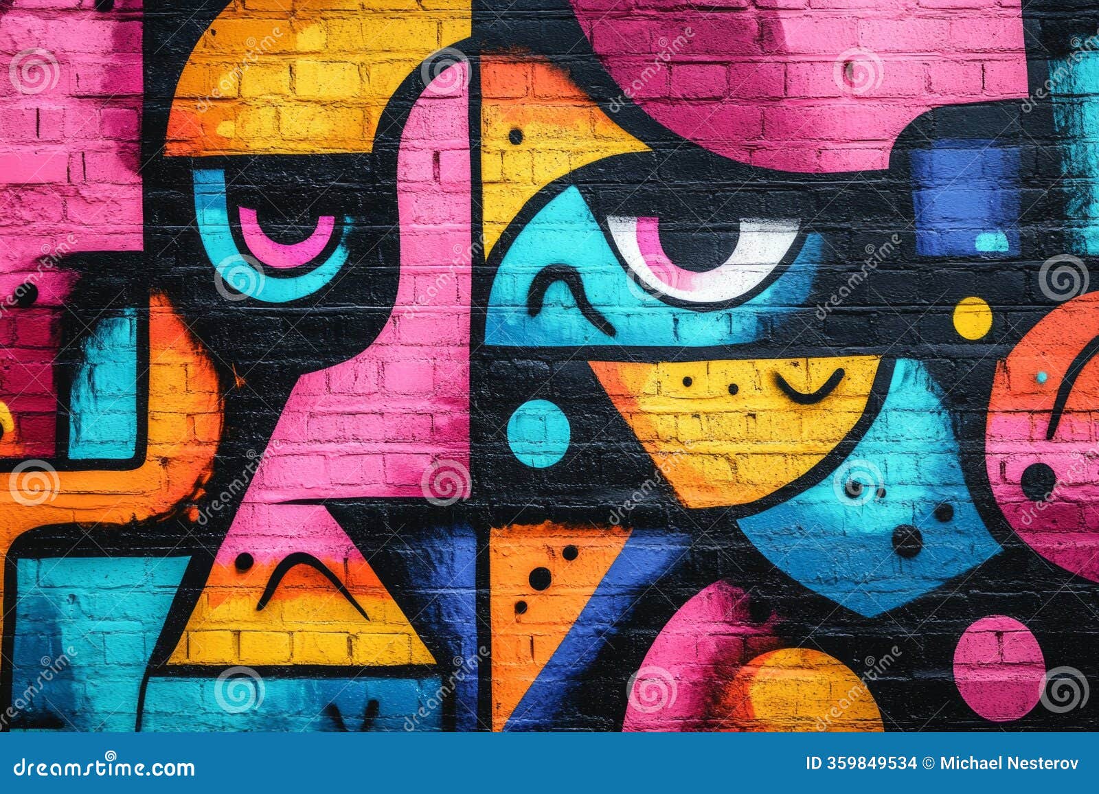 Colorful Geometric Graffiti Showcasing Expressive Faces on a Brick ...