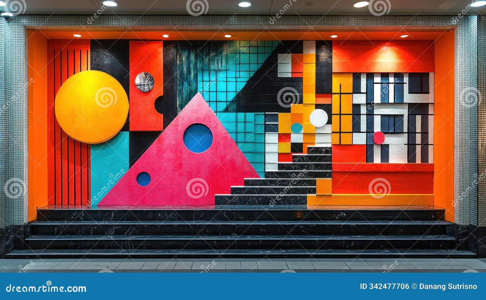 A Colorful Geometric Mural on a Wall with Stairs in Front Stock ...