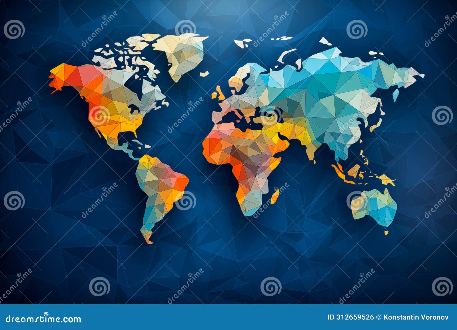 Colorful Geometric Polygon World Map on Deep Blue Background Stock ...