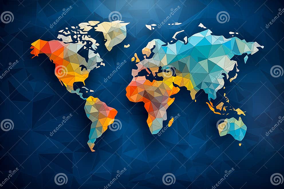 Colorful Geometric Polygon World Map on Deep Blue Background Stock ...