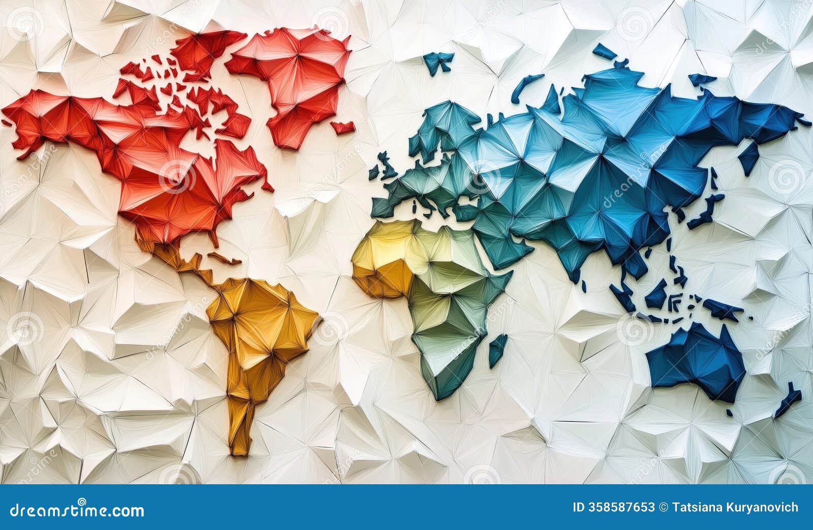 Colorful Geometric World Map in Red, Blue, Yellow, and Green Tones with ...