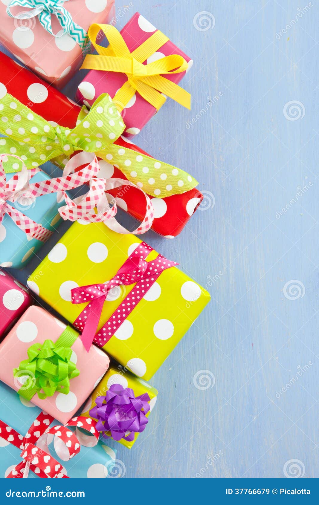 Colorful Gift Boxes Wrapped in Dotted Paper Stock Image - Image of ...