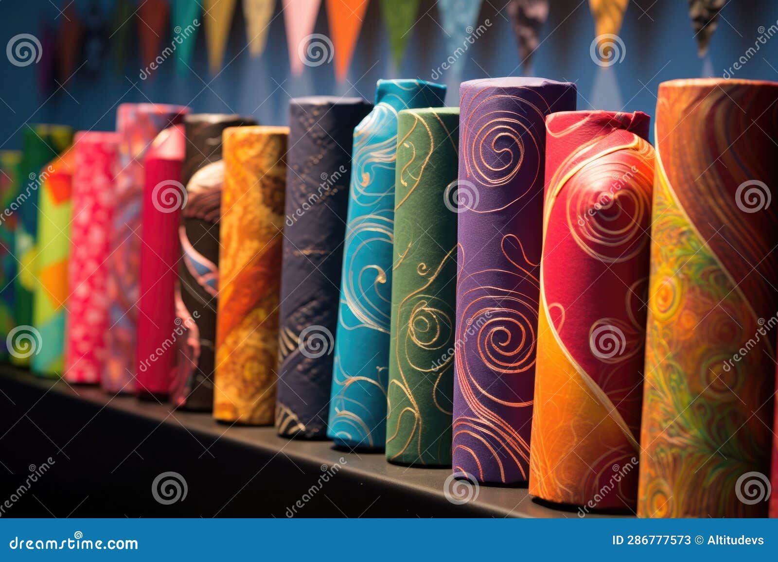 Colorful Gift Wrapping Paper Rolls Displayed in a Row Stock Image ...