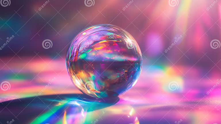 A Colorful Glass Orb Reflecting Vibrant Light Patterns on a Shiny ...