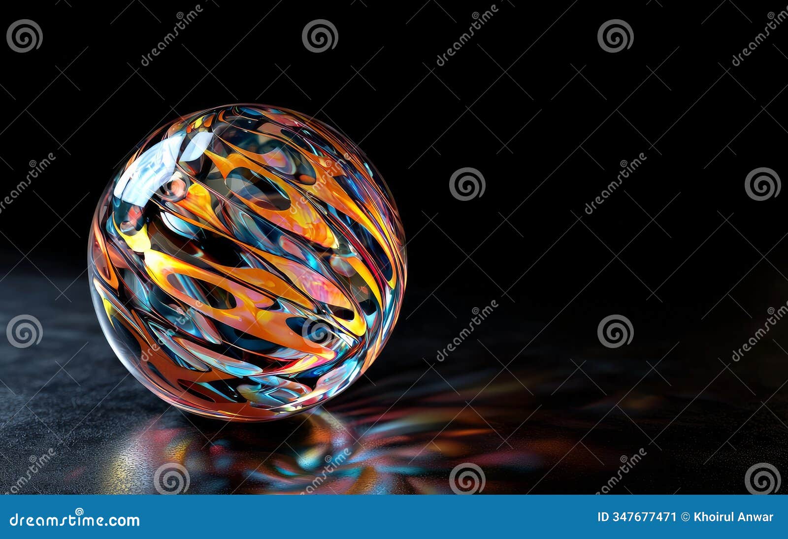Colorful Glass Orb with Swirling Pattern Reflecting Light on Black ...