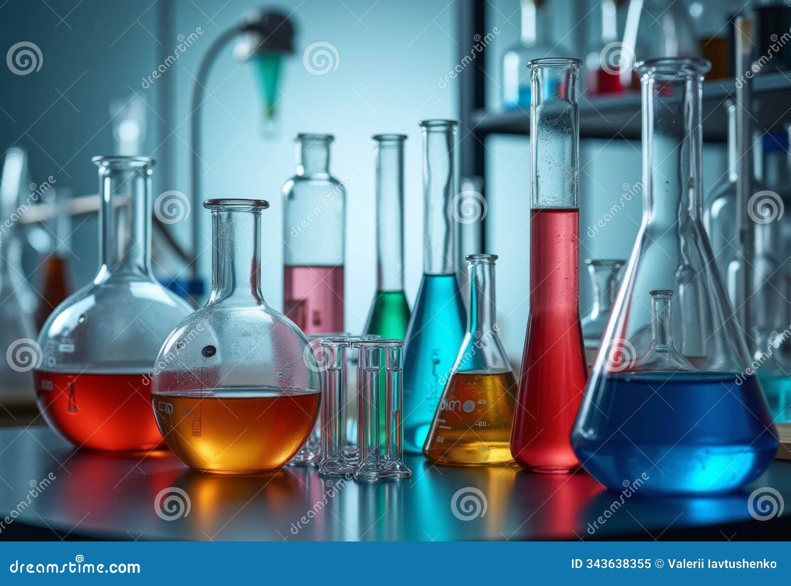 Colorful Glassware Filled with Various Liquids on a Laboratory Table ...