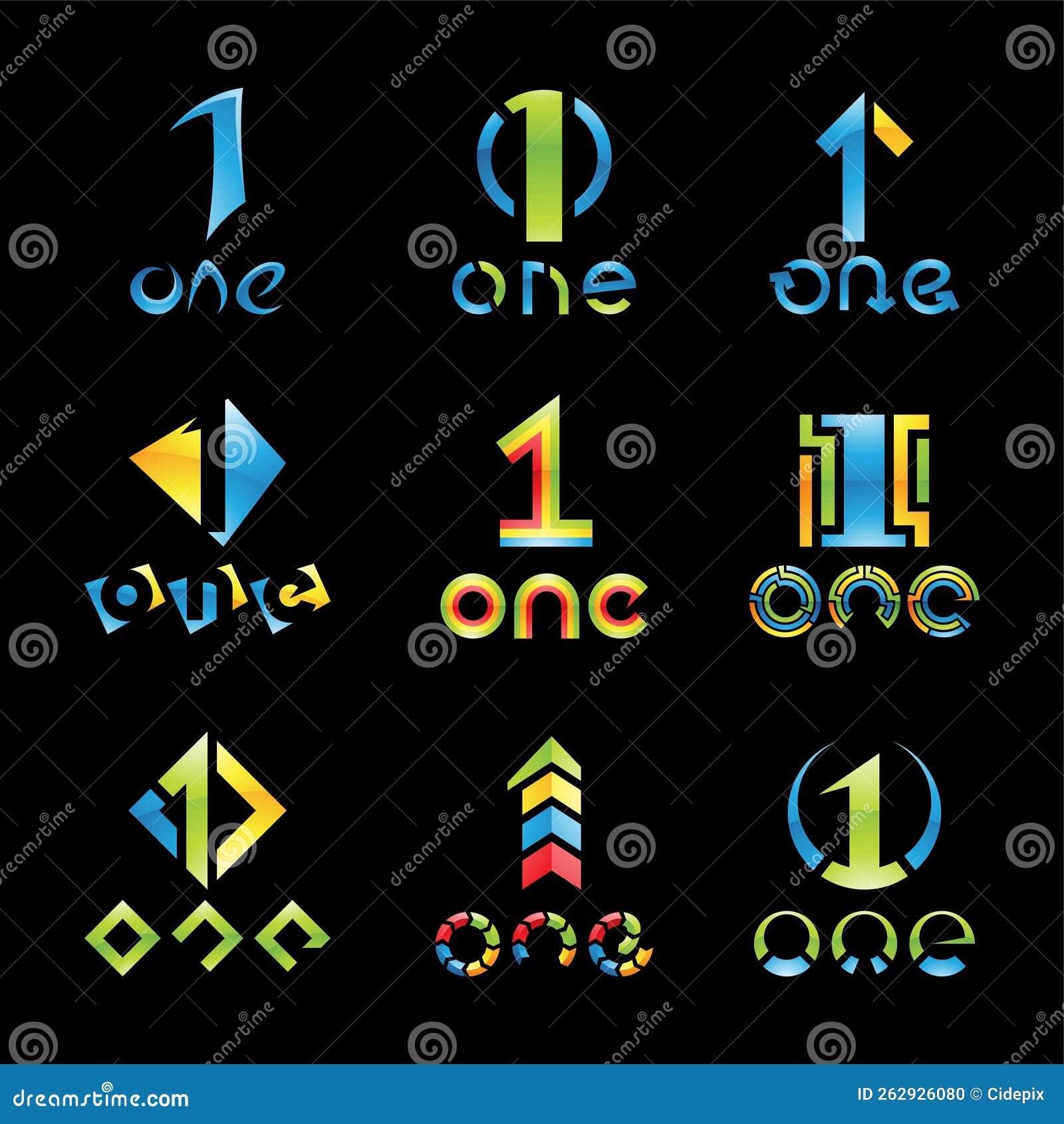 Colorful Glossy Number 1 Icons on Black Background Stock Vector ...