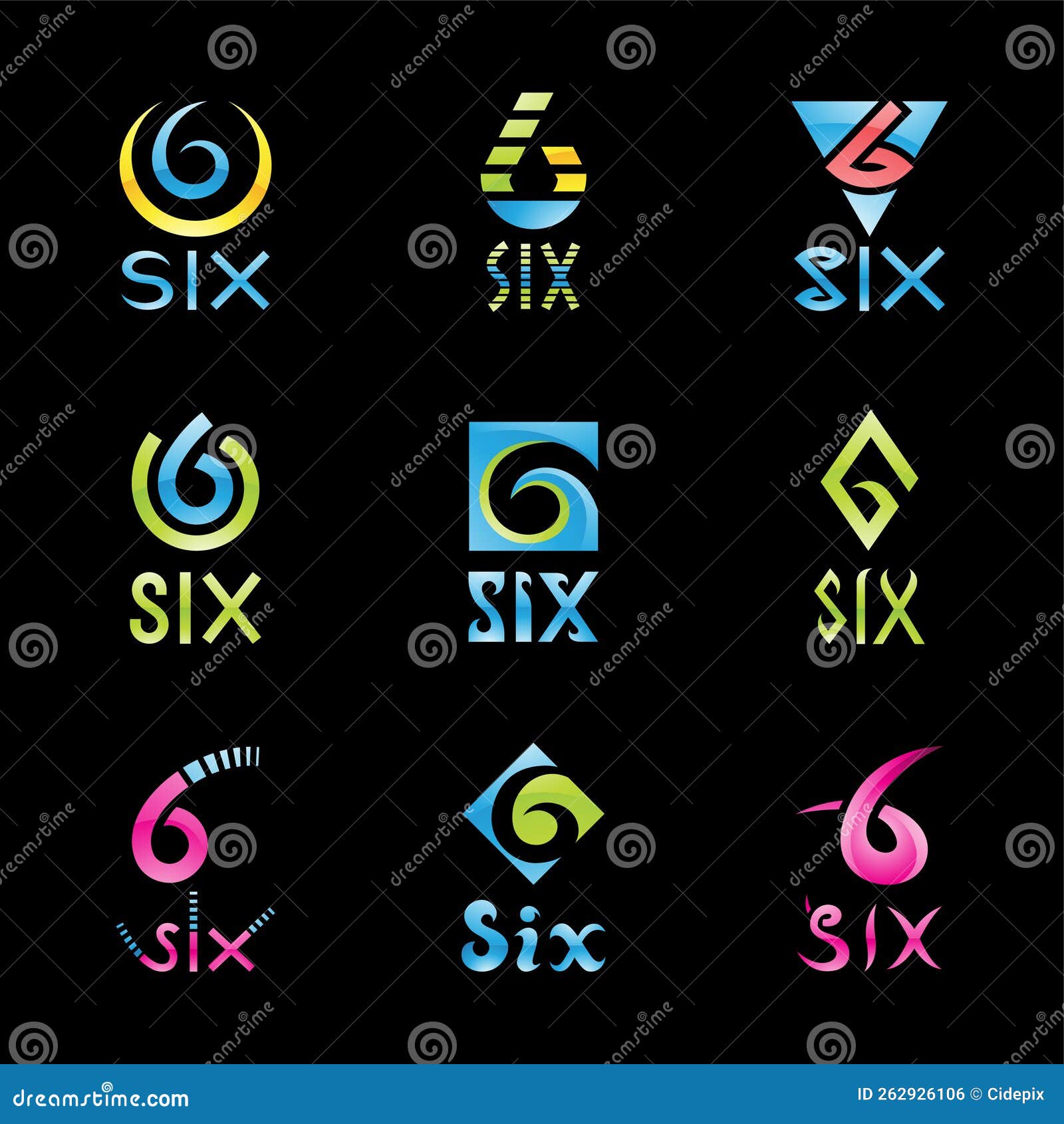 Colorful Glossy Number 6 Icons on Black Background Stock Vector ...