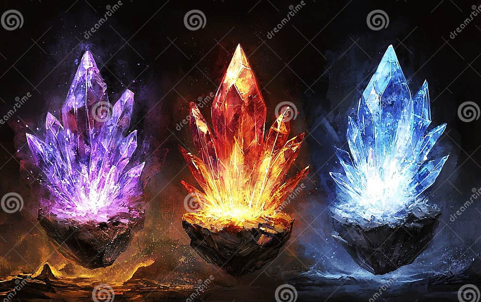 Colorful Glowing Crystals in Dynamic Formations with a Dark Backdrop ...
