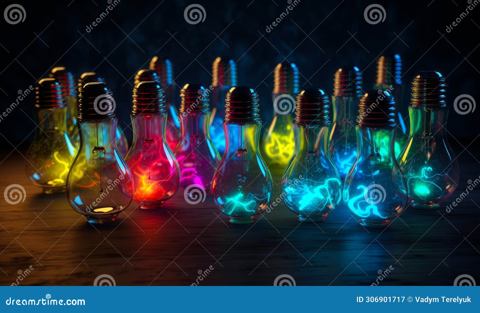 Colorful Glowing 3d Incandescent Light Bulb Visualization. a Group of ...