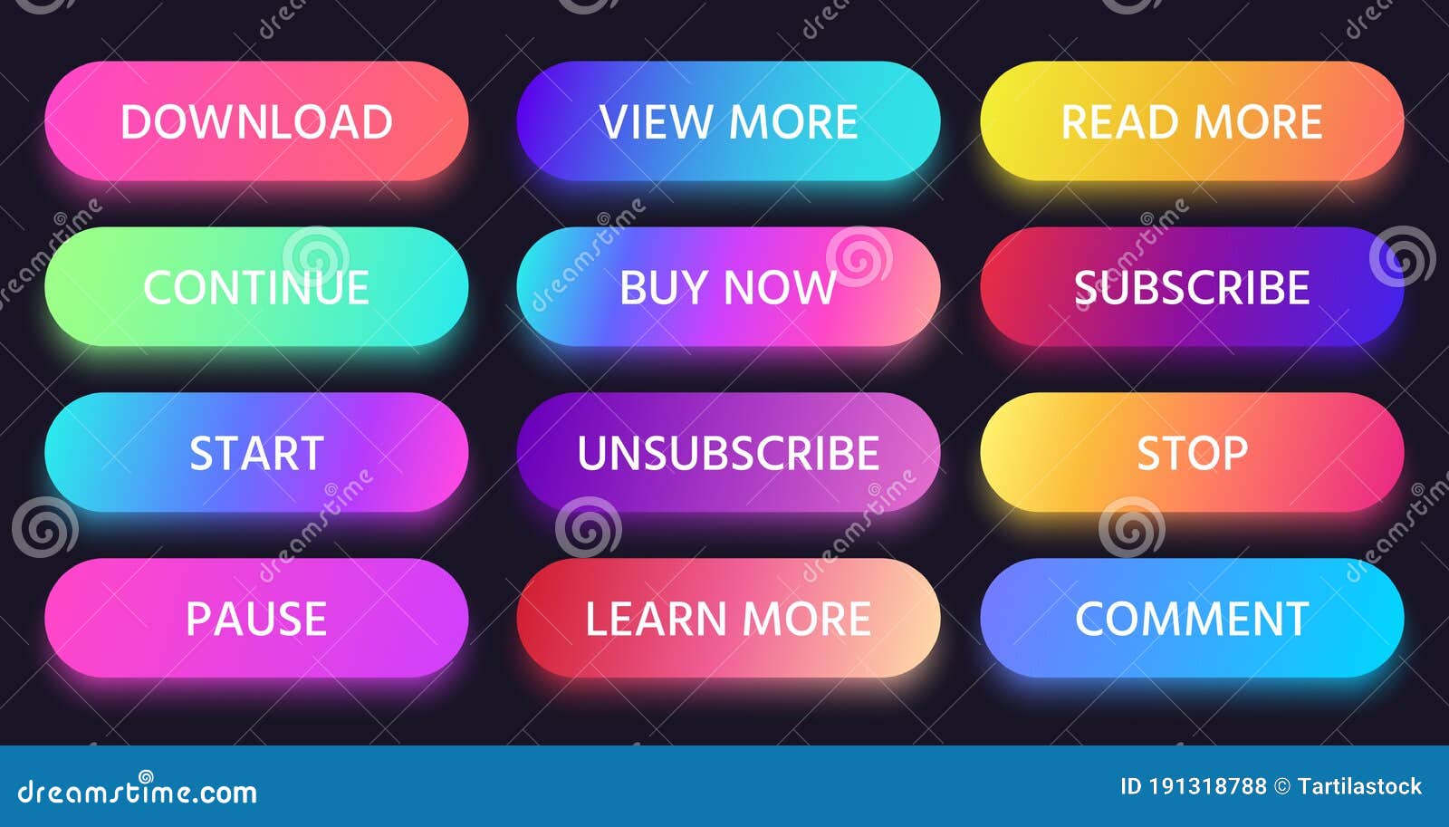 Colorful Gradient Button. Read, View and Learn More Buttons Stock ...