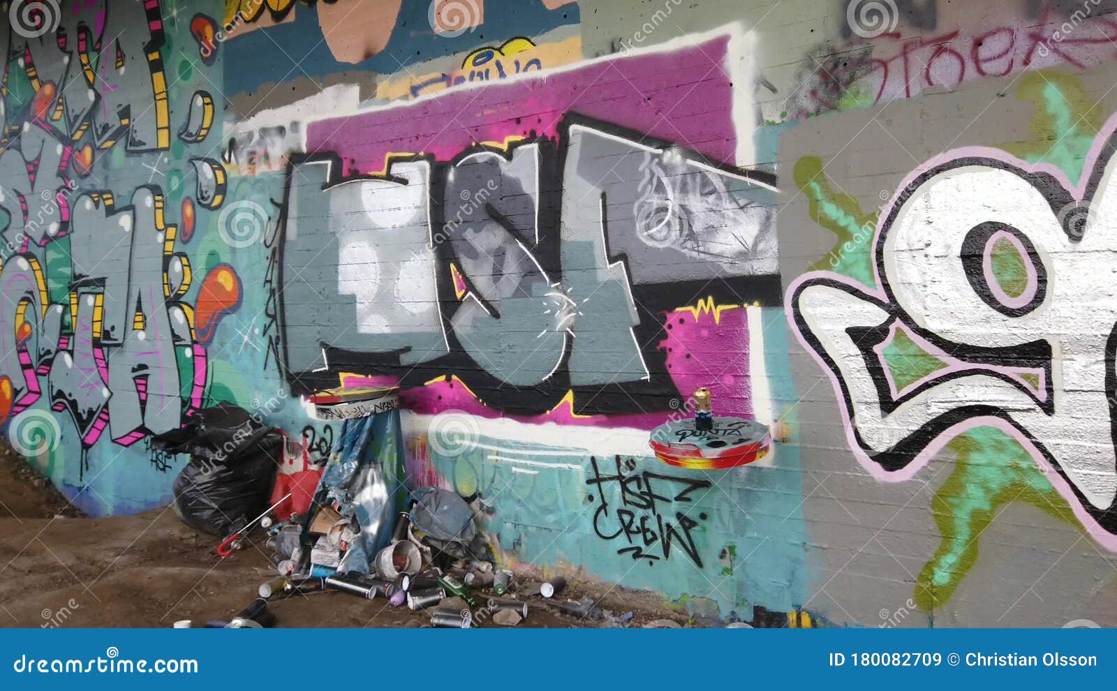 Colorful Graffiti Wall and Garbage Bin in Ghetto, Pan Shot Stock Video ...