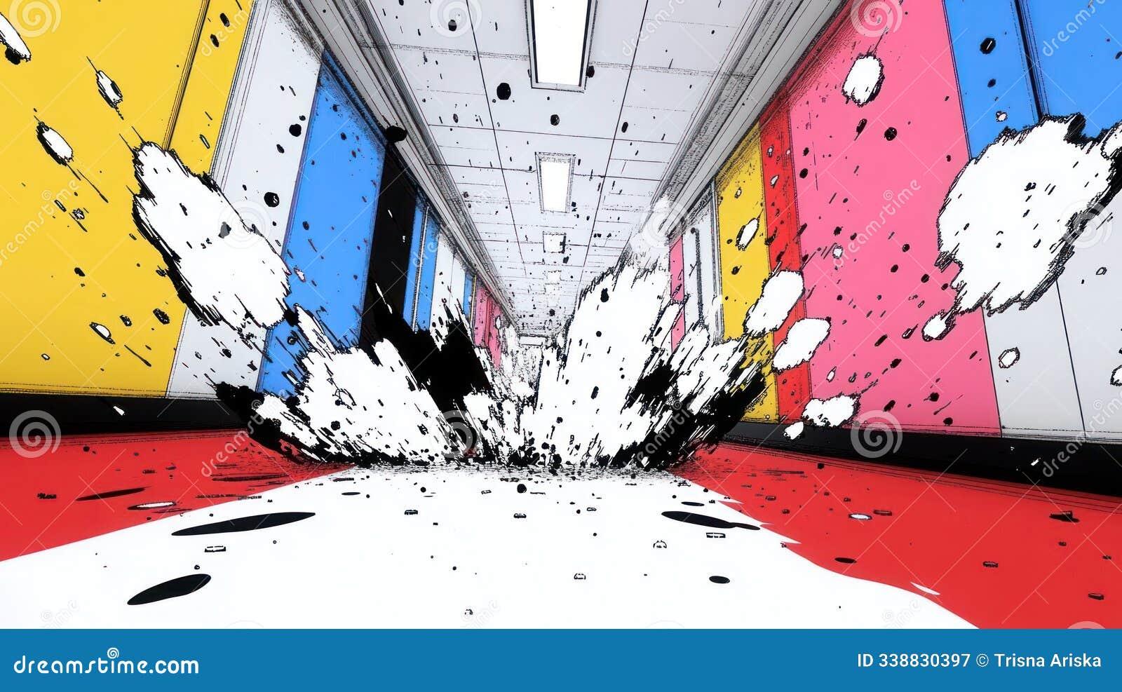 A Colorful Hallway with an Explosion of White Paint, Creating a Dynamic ...