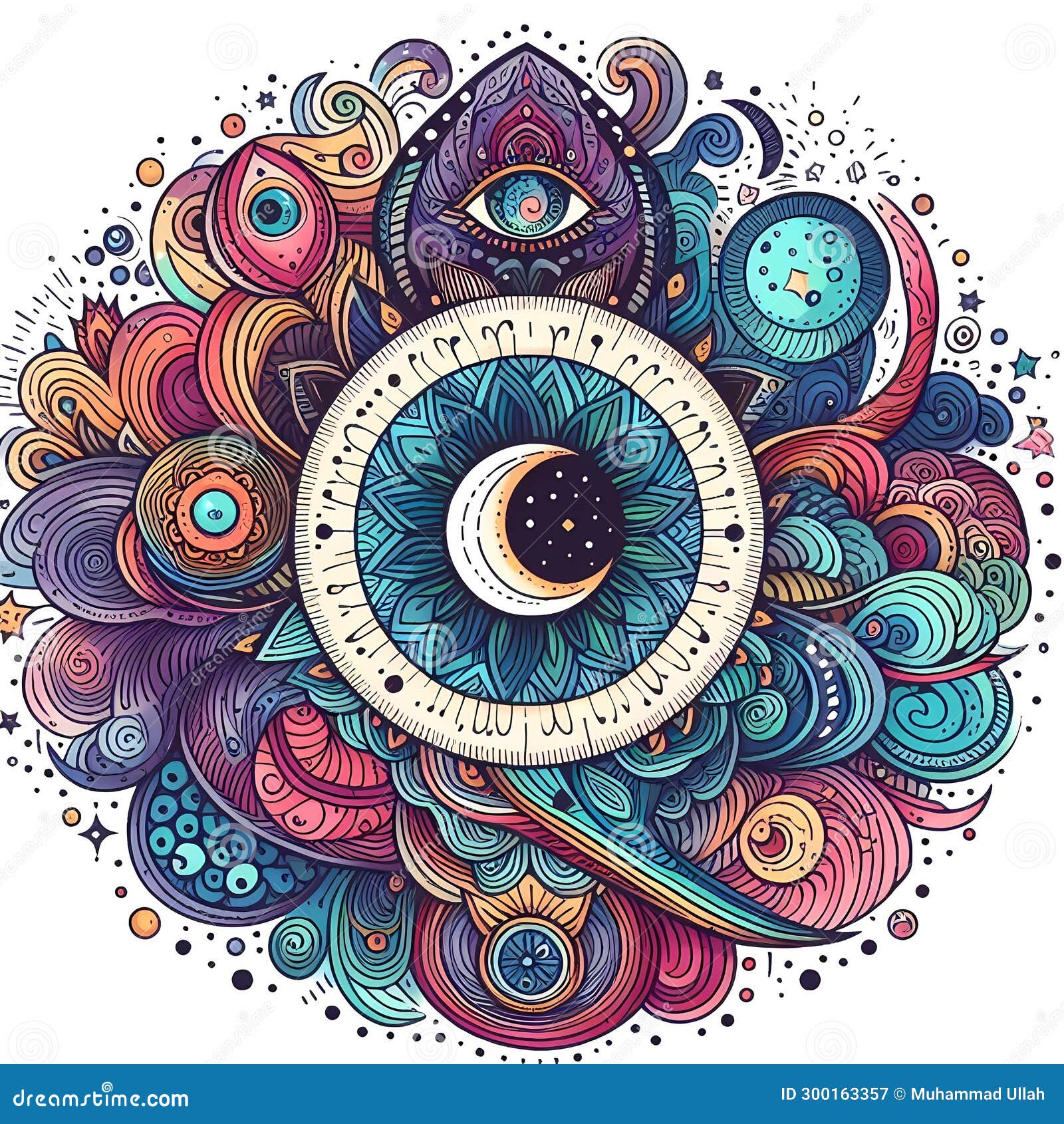 A Colorful Hand-drawn Mystical Moon Stock Illustration - Illustration ...