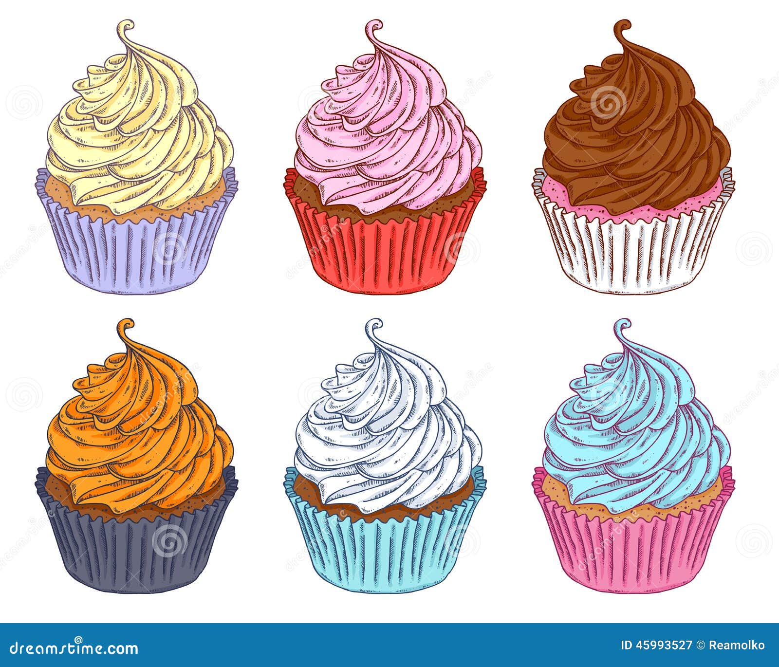Colorful Hand Drawn Cupcakes Set. Stock Vector - Illustration of food ...