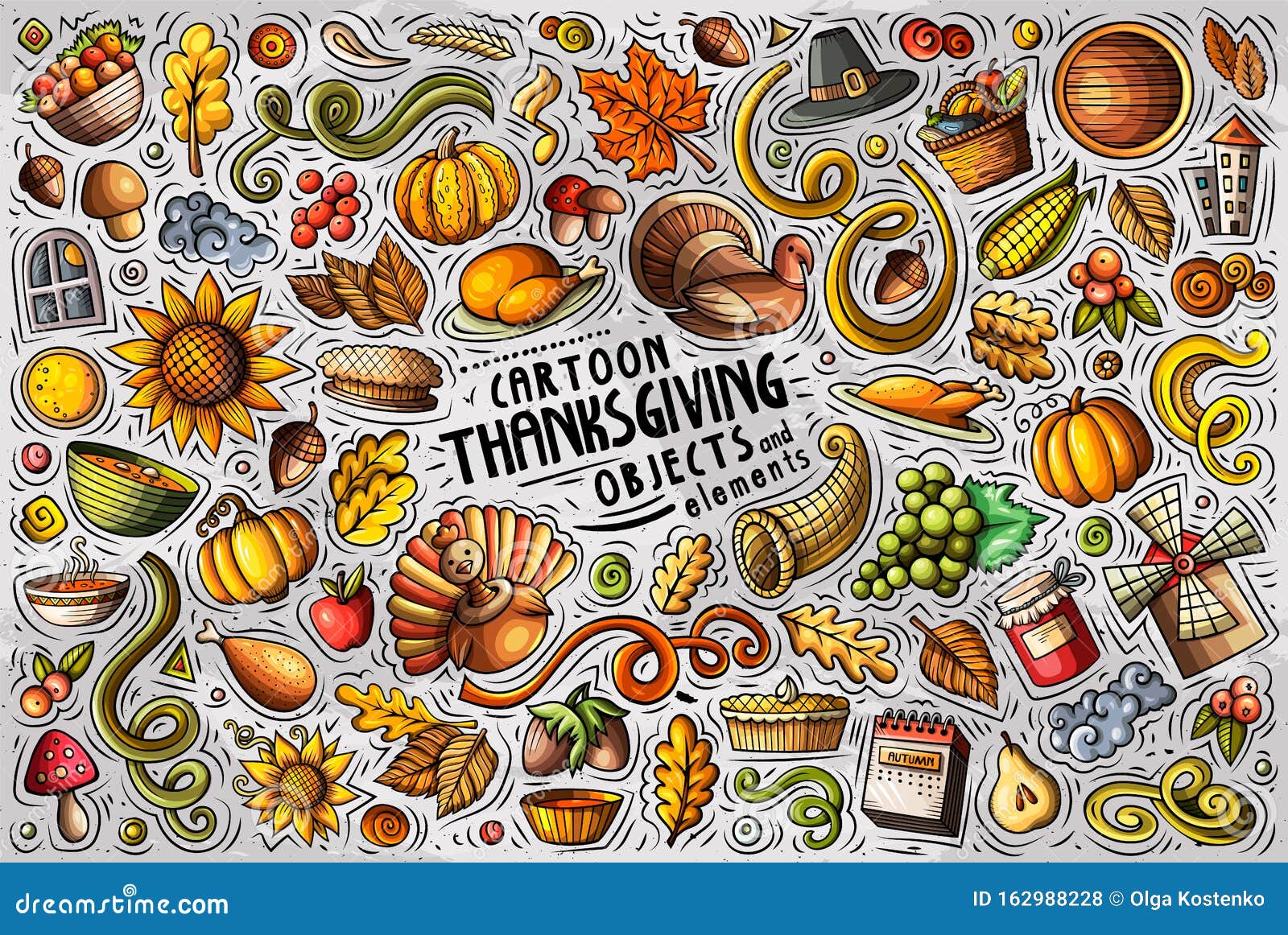 Colorful Hand Drawn Doodle Cartoon Set of Thanksgiving Objects and ...