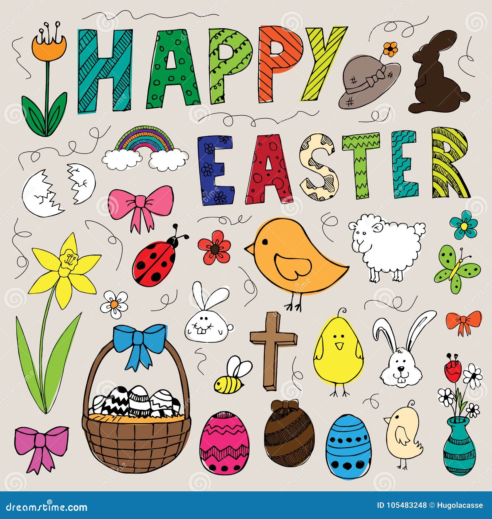 Colorful Hand Drawn Easter Doodles Set Stock Vector - Illustration of ...