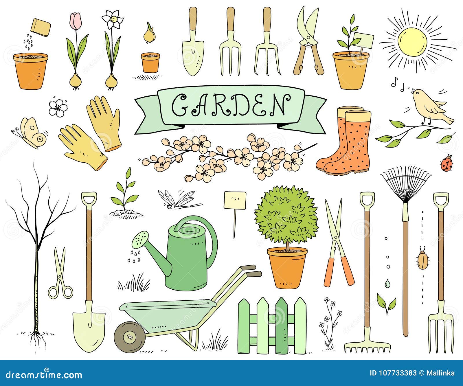 Colorful Hand Drawn Garden Tools Set Stock Vector - Illustration of ...