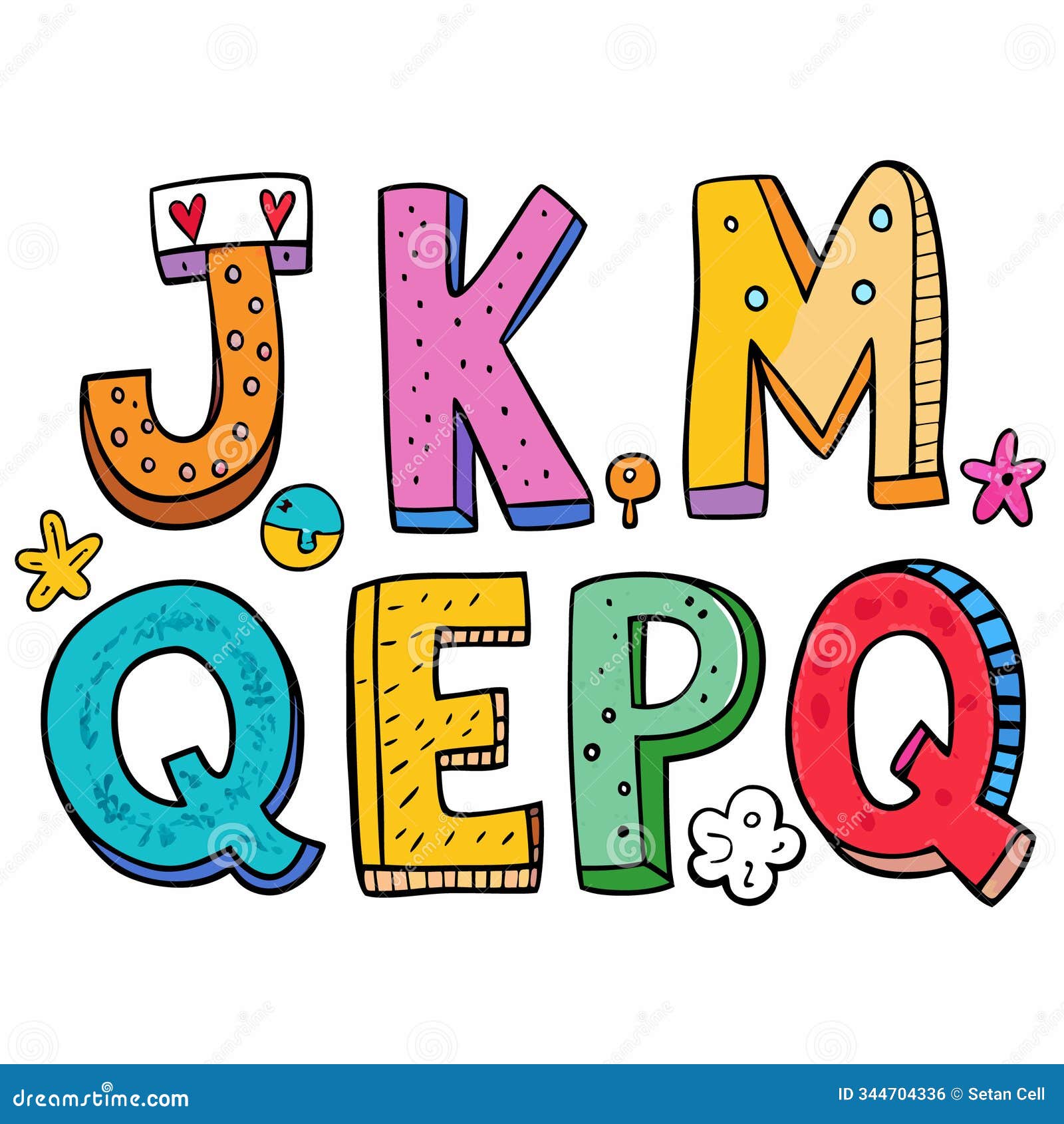 Colorful Hand-drawn Letters J, K, M, Q, E, and P Stock Vector ...