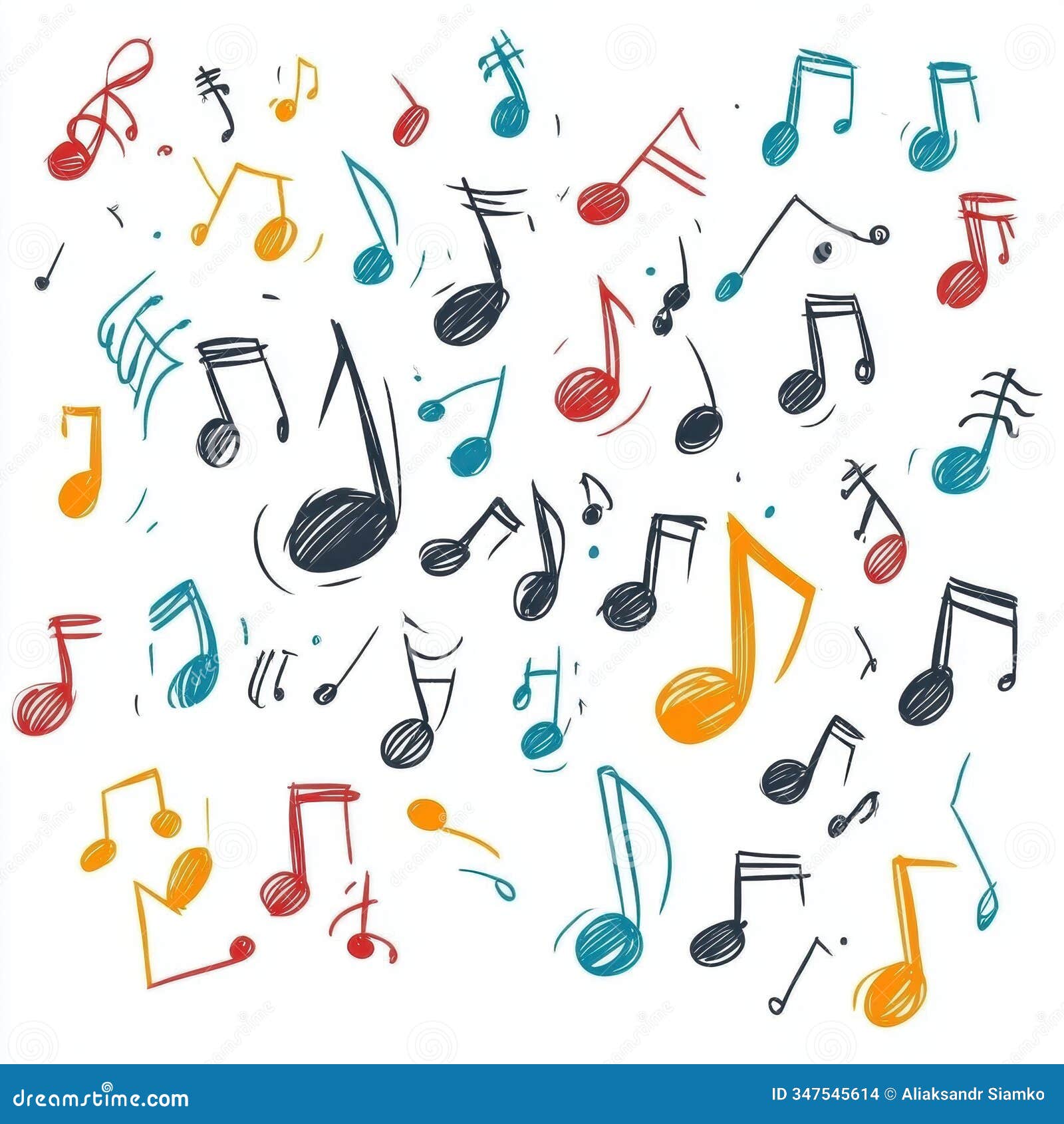 Colorful Hand-drawn Musical Notes Scattered Across a White Background ...
