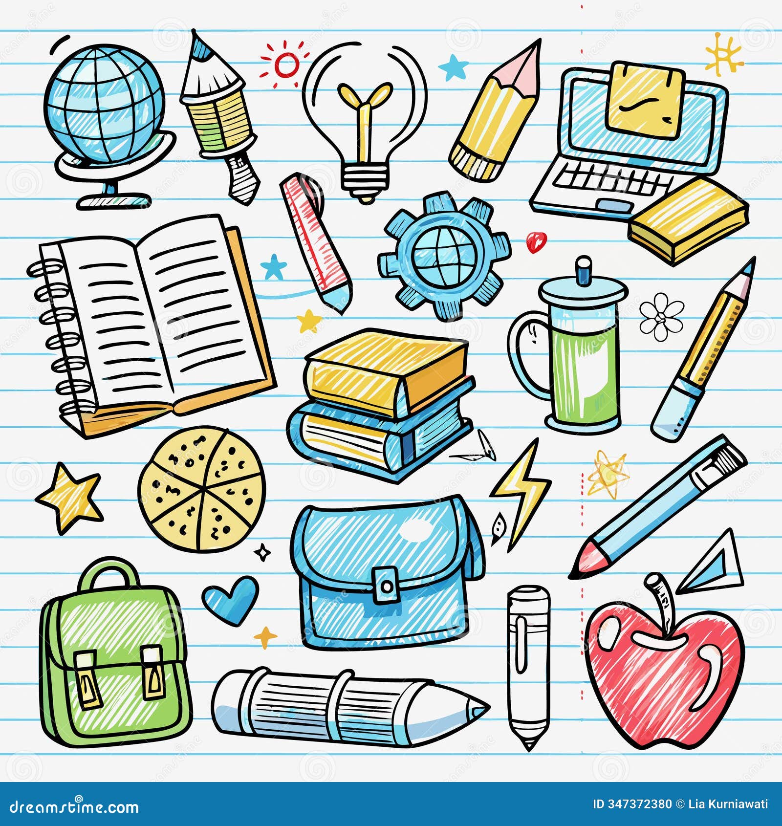 Colorful Hand-drawn School Supplies and Learning Objects on Notebook ...